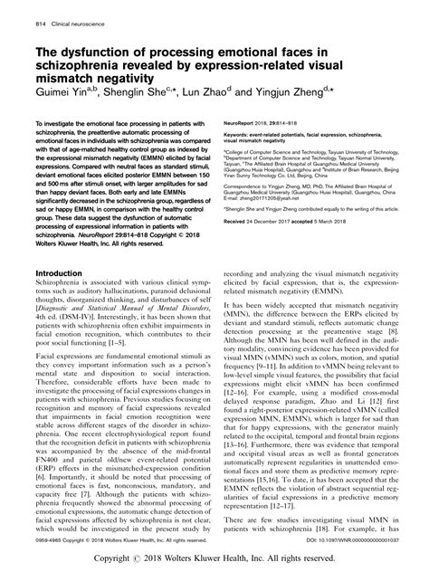 Pdf The Dysfunction Of Processing Emotional Faces In Schizophrenia
