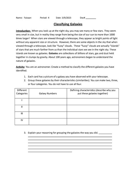 Galaxy Classification Activity Card Sort Name Faizaan Period 4