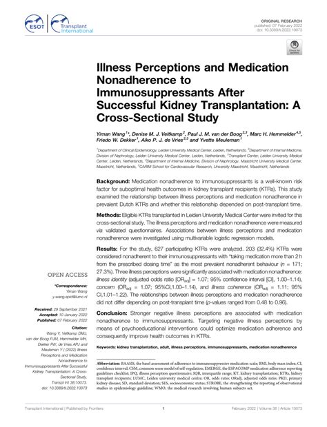 Pdf Illness Perceptions And Medication Nonadherence To Immunosuppressants After Successful