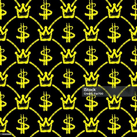 검은 색 배경에 고립 된 아름다운 노란색 잉크 크라운 라인 및 달러 표지판 귀여운 흑백 로얄 매끄러운 패턴 벡터 간단한 평면 그래픽 손으로 그린 그림 텍스처 부귀에 대한