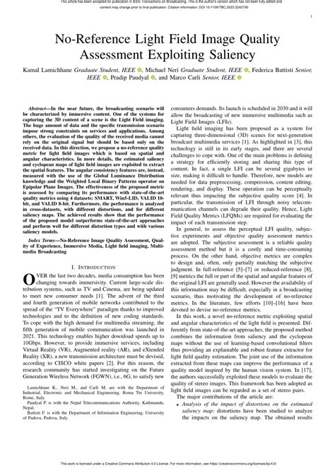 PDF No Reference Light Field Image Quality Assessment Exploiting Saliency