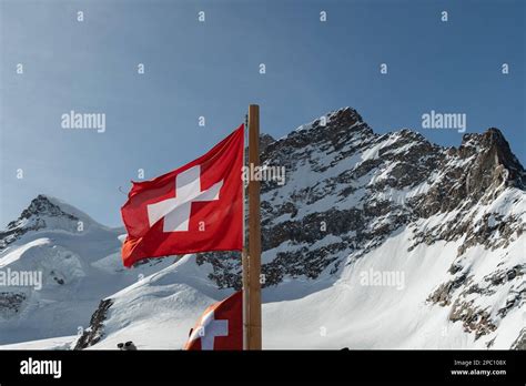 Jungfraujoch Canton Bern Switzerland February 11 2023 Waving Swiss