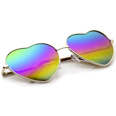 Womens Metal Frame Colored Mirror Rainbow Lens Heart Sunglasses 61mm
