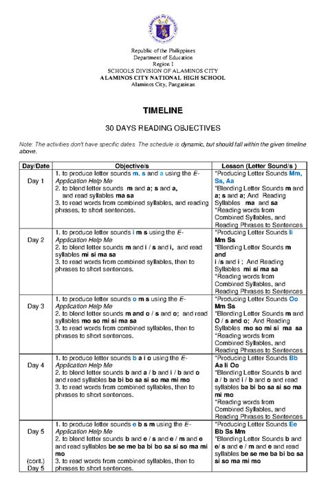 30 Days Reading Objectives Republic Of The Philippines Department Of Education Region I