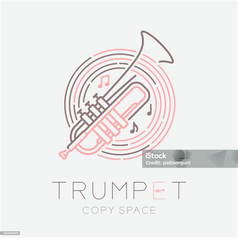 트럼펫 라인 직원 원 모양 로고 아이콘 윤곽 스트로크 세트 대시 라인 디자인 일러스트 색 소폰 텍스트와 복사 공간 회색 배경에