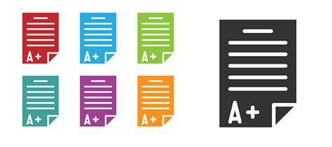흰색 배경에 격리 된 A 플러스 학년 아이콘이있는 검은 시험 시트 시험 용지 시험 또는 설문조사 개념 학교 시험 또는 시험 다채로운 아이콘을 설정합니다 벡터 일러스트레이션