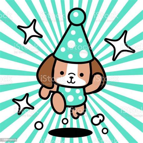 파티 모자를 쓴 귀여운 개가 카메라를 향해 달리고 있습니다 Performing Arts Event에 대한 스톡 벡터 아트 및