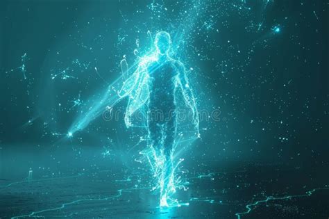 Futuristic Human Silhouette Formed By Glowing Blue Particles In Digital Space Holographic