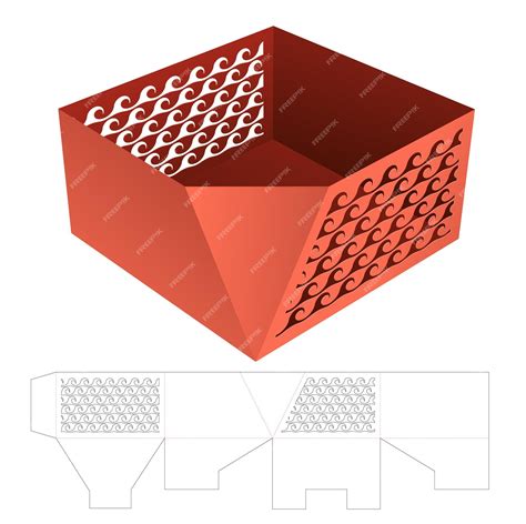스텐실 일본식 패턴 다이 컷 템플릿 및 3d 모형이 있는 모따기 트레이 컨테이너 프리미엄 벡터