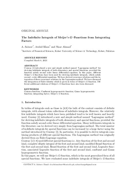 The Indefinite Integrals Of Meijers G Functions From Integrating Factors