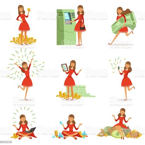 즐기는 그녀의 돈과 부 빨간 드레스에 행복 한 젊은 백만 장자 여자 다채로운 세부 벡터 일러스트 레이 션의 설정 미국 문화에 대한 스톡 벡터 아트 및 기타 이미지 Istock