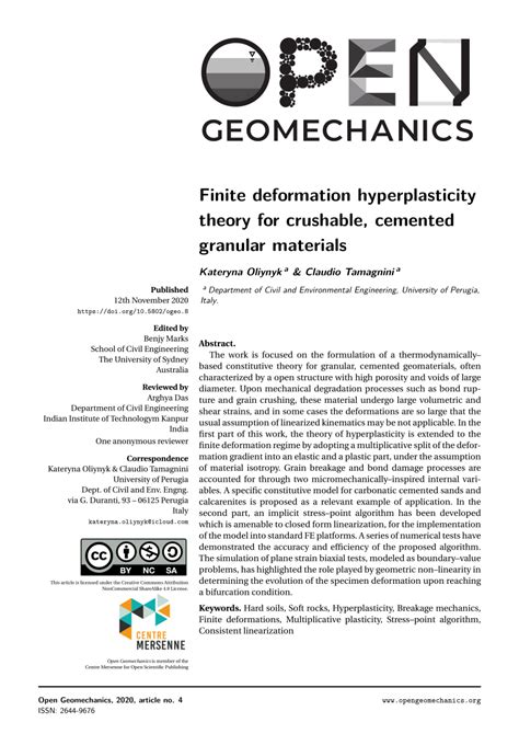 Pdf Finite Deformation Hyperplasticity Theory For Crushable Cemented