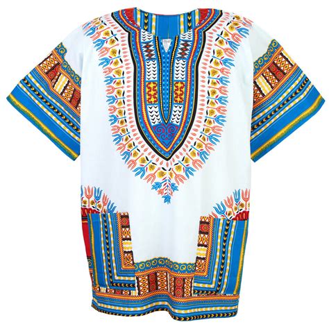 White And Light Blue Colorful African Dashiki Shirt Dashikikiss
