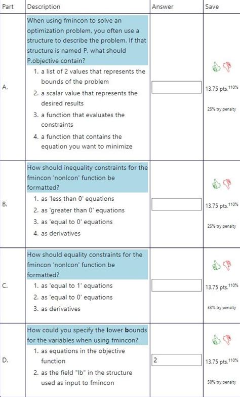 Solved Part Answer Save Description When Using Fmincon To