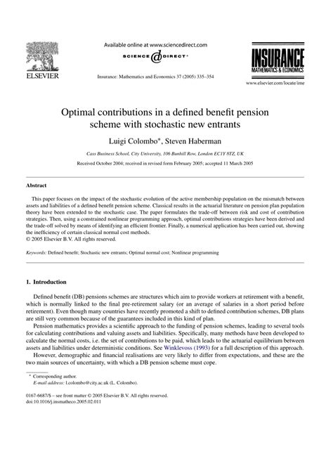 Pdf Optimal Contributions In A Defined Benefit Pension Scheme With Stochastic New Entrants