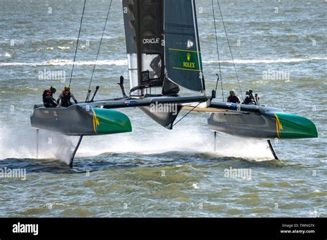 New York Usa 21 June 2019 Australia Team Sailgp F50 Catamaran Sails In The Hudson River