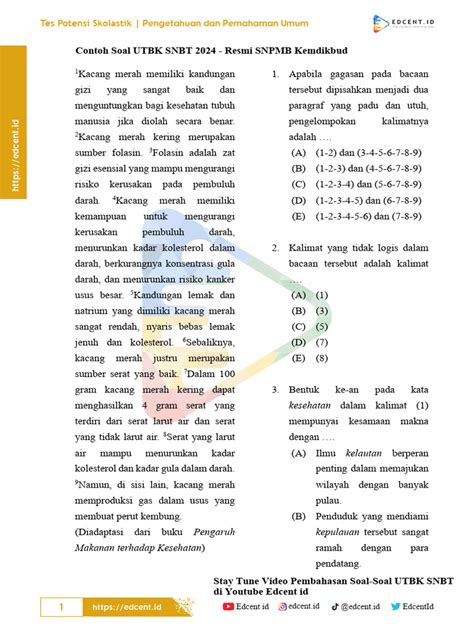 Pengetahuan Dan Pemahaman Umum Contoh Soal Utbk Snbt 2024 Snpmb Pdf