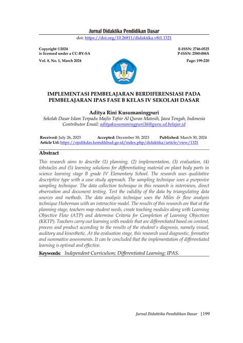 PDF Implementasi Pembelajaran Berdiferensiasi Pada Pembelajaran IPAS Fase B Kelas IV Sekolah Dasar