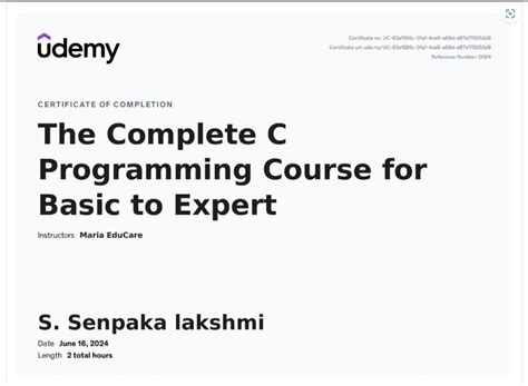 Senpaka Lakshmi S On Linkedin Udemy C Course Certificate Programming