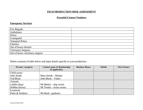 Film Production Risk Assessment Form Doc