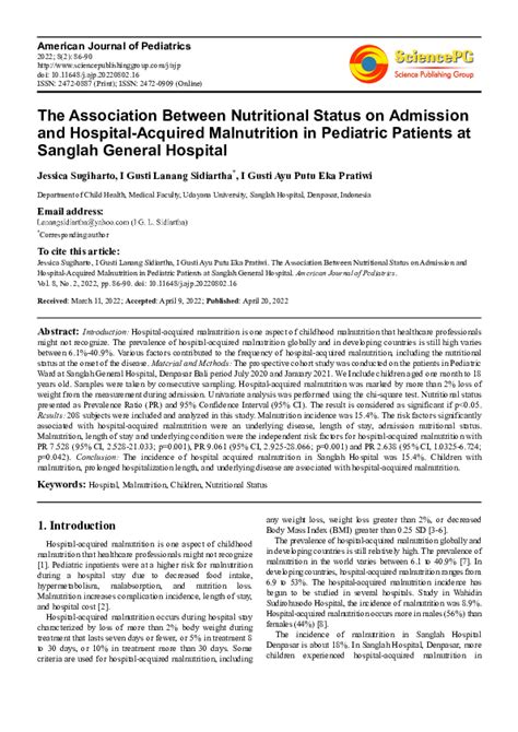 Pdf The Association Between Nutritional Status On Admission And