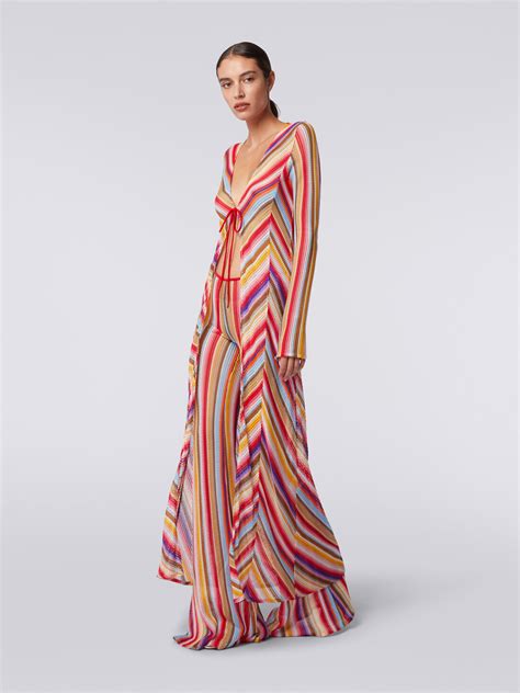 Long Cover Up Cardigan In Striped Crochet