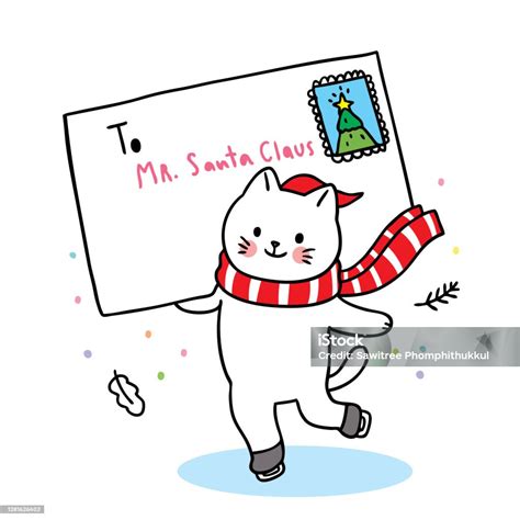 손 은 만화 귀여운 메리 크리스마스 고양이와 큰 문자 벡터를 그립니다 0명에 대한 스톡 벡터 아트 및 기타 이미지 0명 12월 겨울 Istock