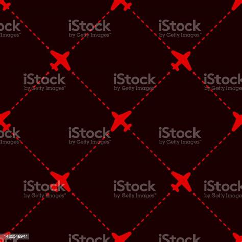 작은 빨간색 비행기와 점선이 어두운 배경에 분리되어 있습니다 모노크롬 이음매 없는 패턴 벡터 간단한 평면 그래픽 그림입니다 텍스처 검은색에 대한 스톡 벡터 아트 및 기타
