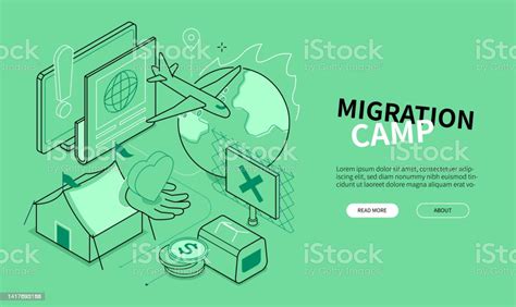 마이그레이션 캠프 라인 디자인 스타일 아이소메트릭 웹 배너 등측투영법에 대한 스톡 벡터 아트 및 기타 이미지 등측투영법