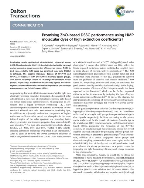 Pdf Promising Zno Based Dssc Performance Using Hmp Molecular Dyes Of High Extinction Coefficients