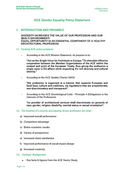 ace gender equality policy statement architects council of europe