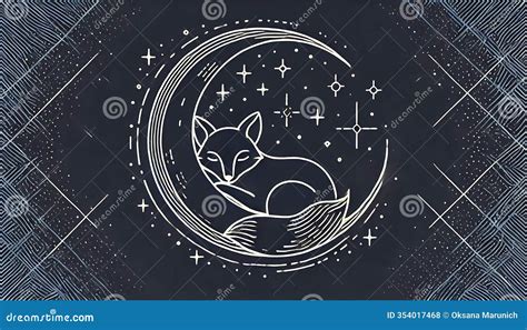 Minimalistic Line Art Of A Crescent Moon Cradling A Sleeping Fox Under A Starry Night Sky Stock