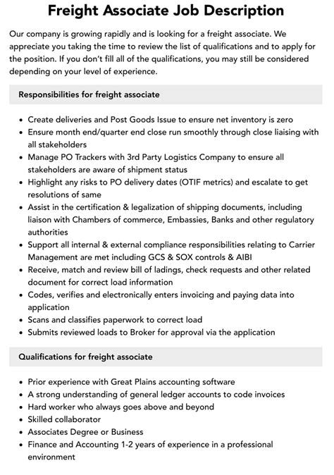 Freight Associate Job Description Velvet Jobs