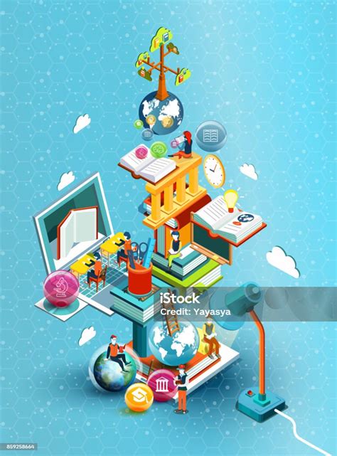 책 읽는 사람들의 타워입니다 교육 개념입니다 온라인 도서관입니다 온라인 교육 파란색 배경에 등각 투영 평면 디자인입니다 벡터 일러스트 레이 션 교육에 대한 스톡 벡터 아트