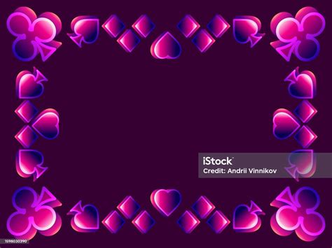 카드 슈트가 있는 프레임 다이아몬드 하트 클럽 3d 스타일의 스페이드 그라디언트가 있는 카드 슈트의 아이소메트릭 기호 카드 게임 카지노 초대장 및 배너용 템플릿을