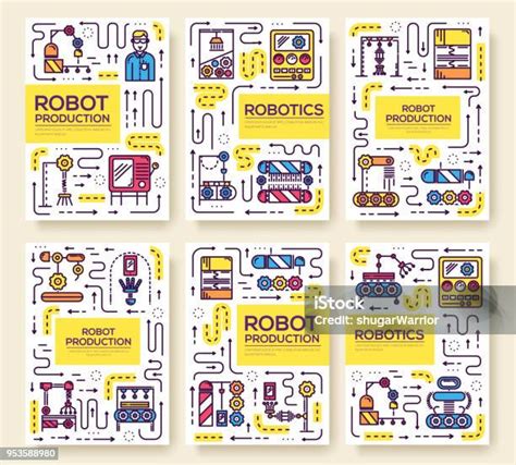 로봇 조립 선 세트에 일 하는 사람들 전단지 잡지 포스터 책 표지 배너의 로봇 생산 선형 템플릿 레이아웃 수리 개요 현대 페이지 개발에 대한 스톡 벡터 아트 및 기타 이미지