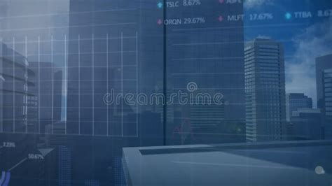 Animation Of Graphs And Trading Boards Over Modern Buildings Against