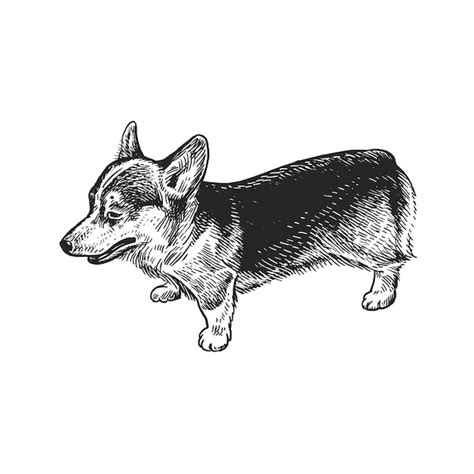Hunderasse Corgi Süßer Welpe Schwarz Weiß Handzeichnung Premium Vektor