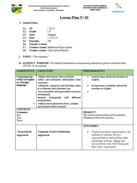 Lesson Plan Numbers Pdf