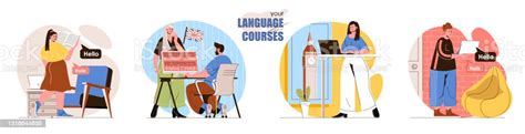 언어 코스 개념 장면 집합입니다 학생들은 교실에서 영어를 배우고 튜터와 함께 공부하고 워크샵에서 일합니다 사람들의 활동 수집 플랫 디자인의 문자벡터 일러스트레이션 개념에