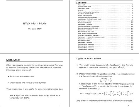 Math Mode Handouts Summary Computer Science And Engineering L A T Ex Math Mode Rsi 2012 Staff