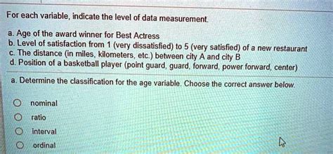 Solved For Each Variable Indicate The Level Of Data Measurement Age Of The Award Winner For