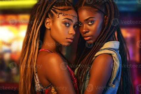 Two Young Dark Sexy Attractive Girls Gently Hugging And Kissing Each