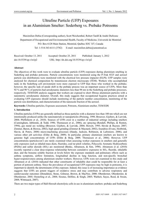 Pdf Ultrafine Particle Ufp Exposures In An Aluminium Smelter