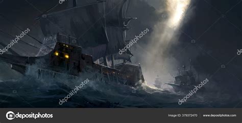 Digital Painting Ancient Warships Traveling Rough Seas Stock Photo