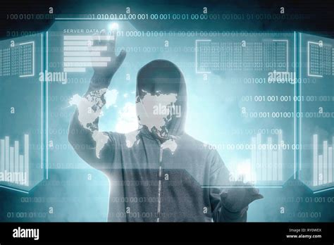 Hacker In Black Hoodie Touching Virtual Screen With Server Data Binary