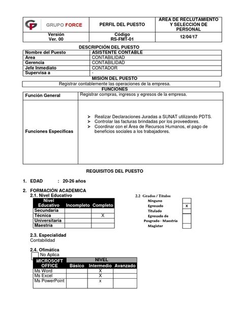 Perfil De Puesto Asistente Contable Pdf Contabilidad Negocios