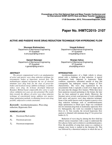 Pdf Active And Passive Wave Drag Reduction Technique For Hypersonic Flow