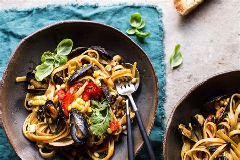 Basil Coconut Curry Pasta With Clams Mussels And Corn Half Baked
