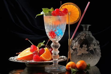 Glass With Cocktail Umbrella And Fruit Garnish Created With Generative